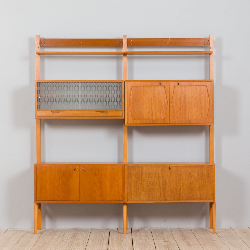 Scandinavian 2 bay free standing wall unit in teak with 3 cabinets ...