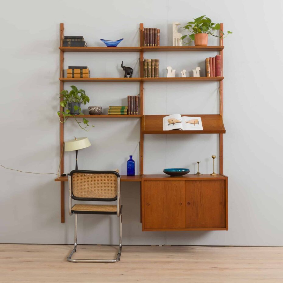 Two bay teak wall unit with a desk-shelf and sling doors cabinet by ...