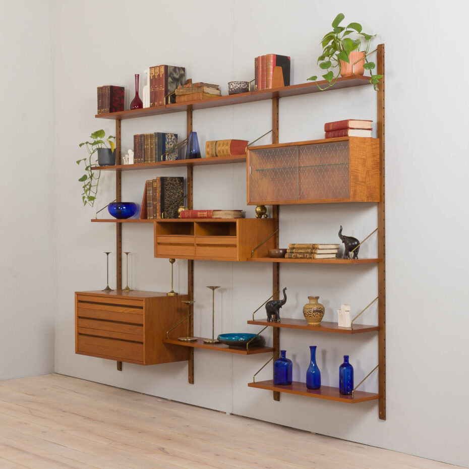 Danish vintage modular bookcase in teak, system of 10 wall shelves and ...